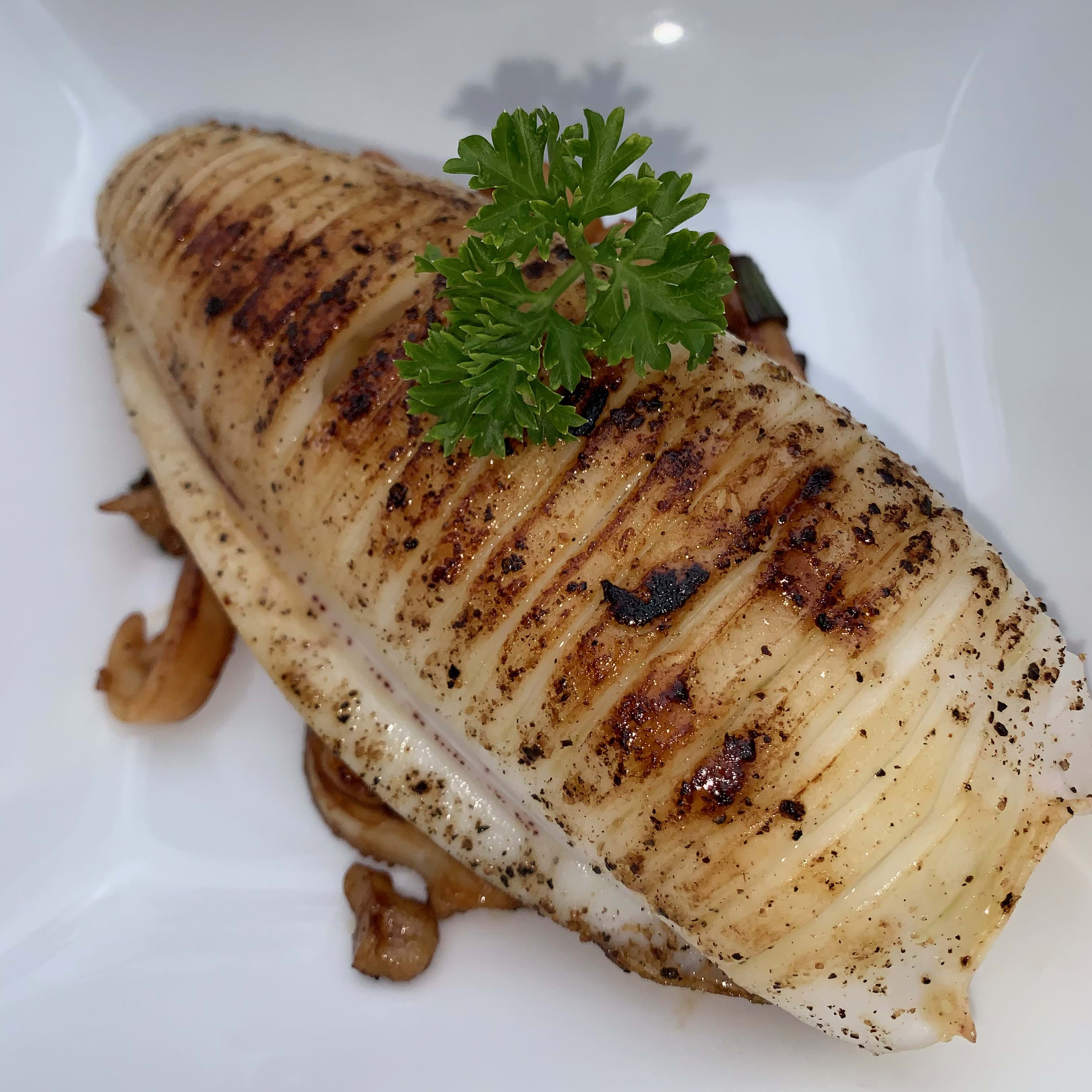 Calamari and walnut stack